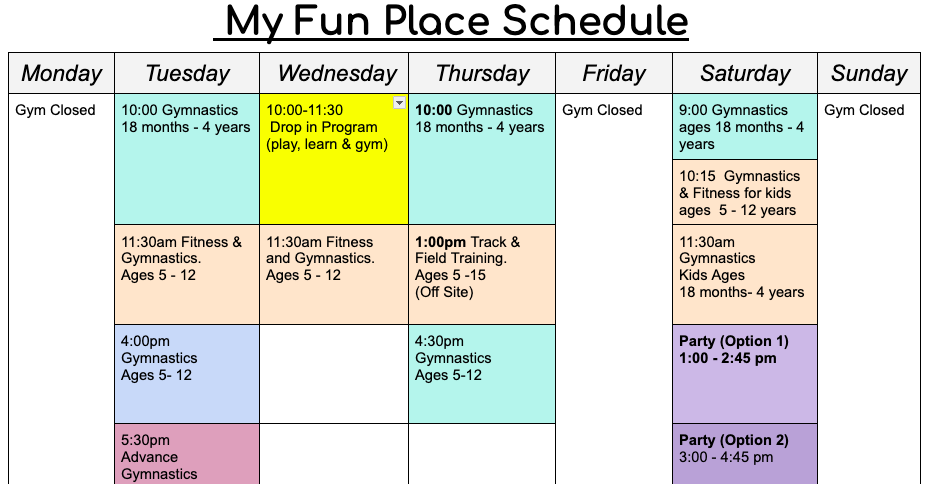 My Fun Place Schedule